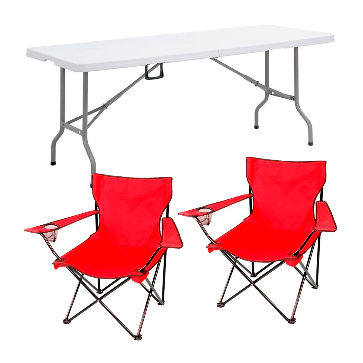 Creditienda - Combo: 2x Silla de Campismo Roja. DASEL® + Mesa Rectangular Plegable, 180cm. Homex®